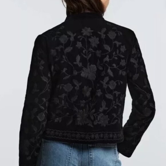 Zara | Jackets & Coats | Zara Velvet Jacket Black Floral Embroidered ...